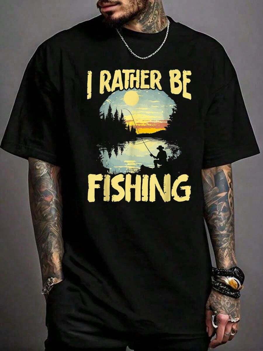 Black Classic Fit Unisex Adult Fishing Graphic T-Shirt Casual ...