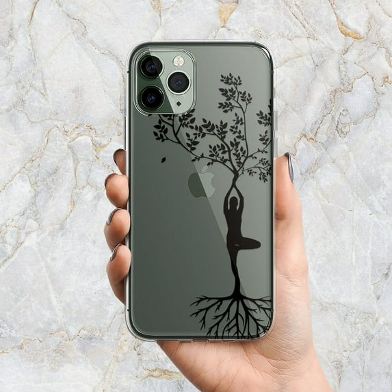 Black Clear Yoga Tree of Life Spirit Phone Case 17 16 15 14 13 12 11 ...
