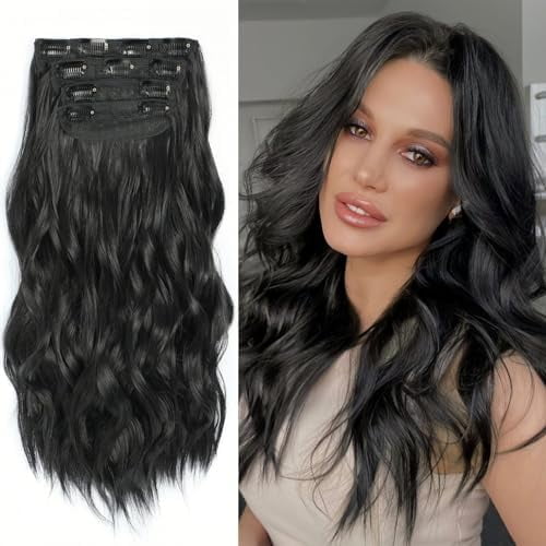 Black Clip in Hair Extensions for Women, Long Wavy Synthetic Hair ...