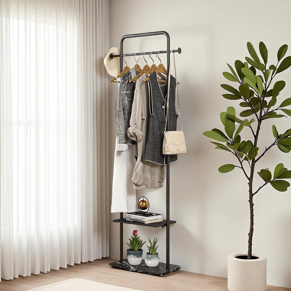 Black Clothing Rack, Free Standing Coat Hanger Stand with Stable Marble ...