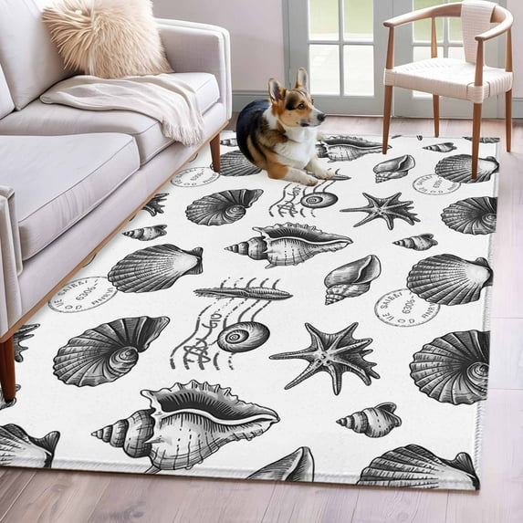 Black Coastal Area Rug 3x5 Washable Rug Non Slip Shell Conch Ocean ...