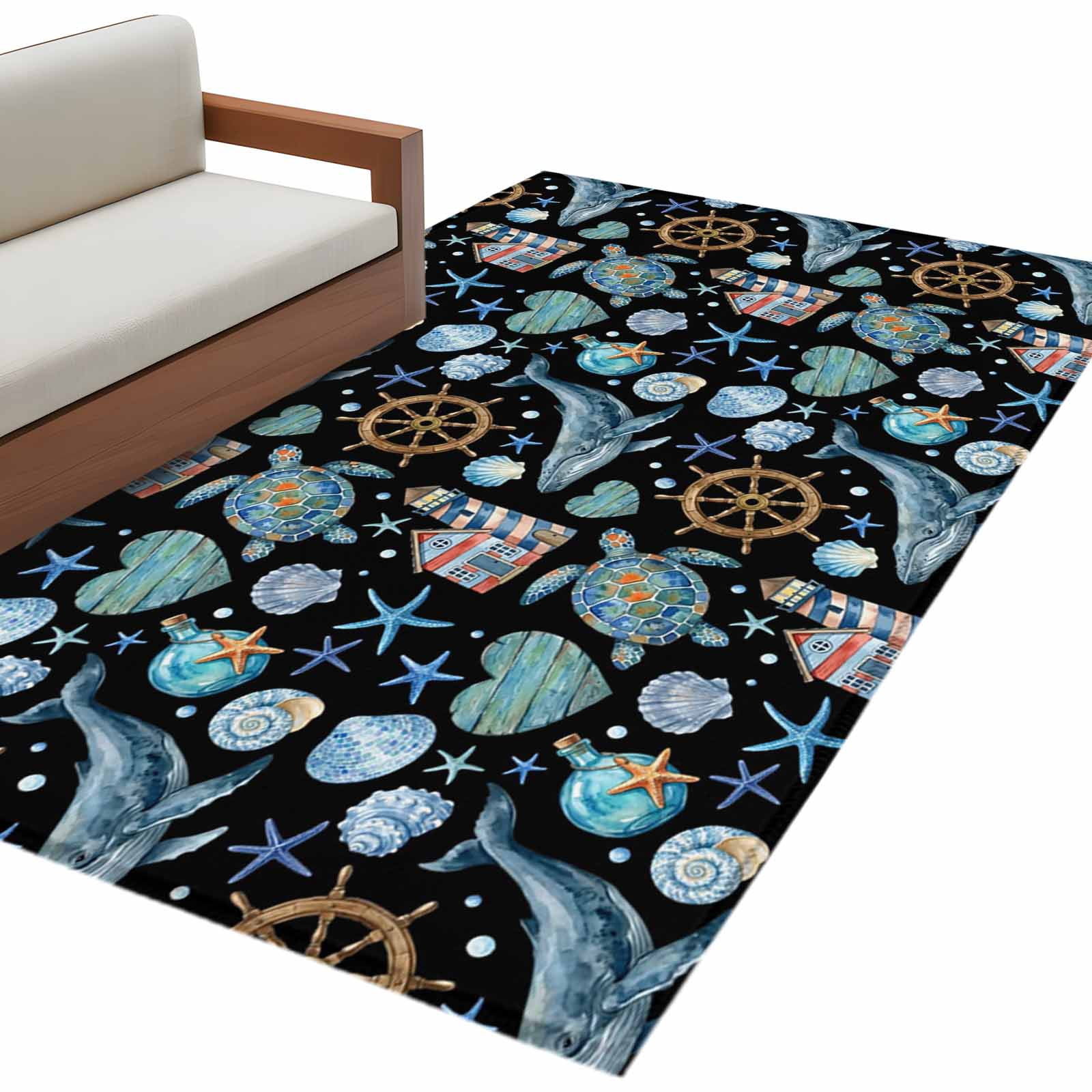 Black Coastal Area Rug 4x6 Washable Rug Non Slip Nautical Whale Shell ...