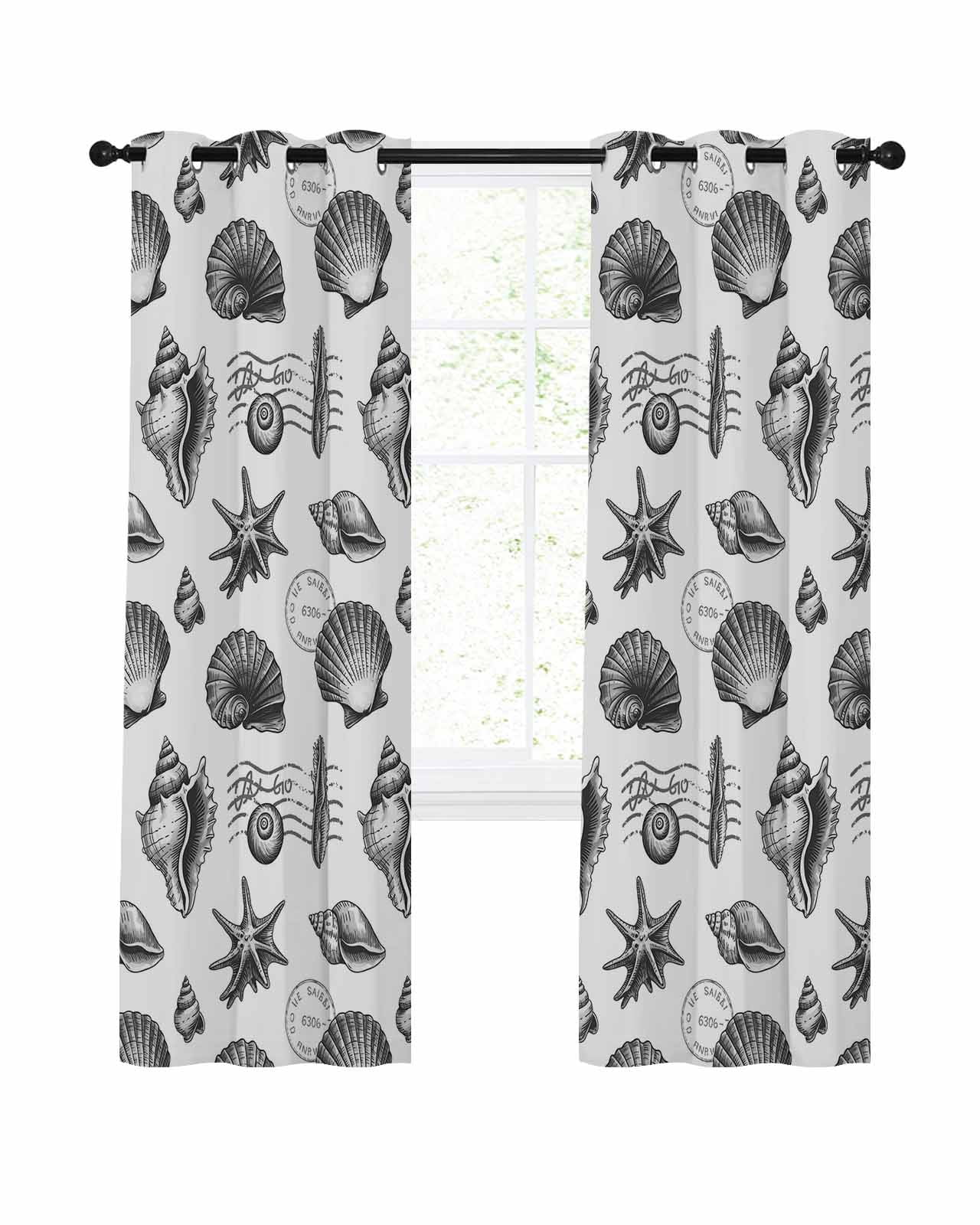 Black Coastal Blackout Curtains 72 Inches Long for Bedroom, Shell Conch ...