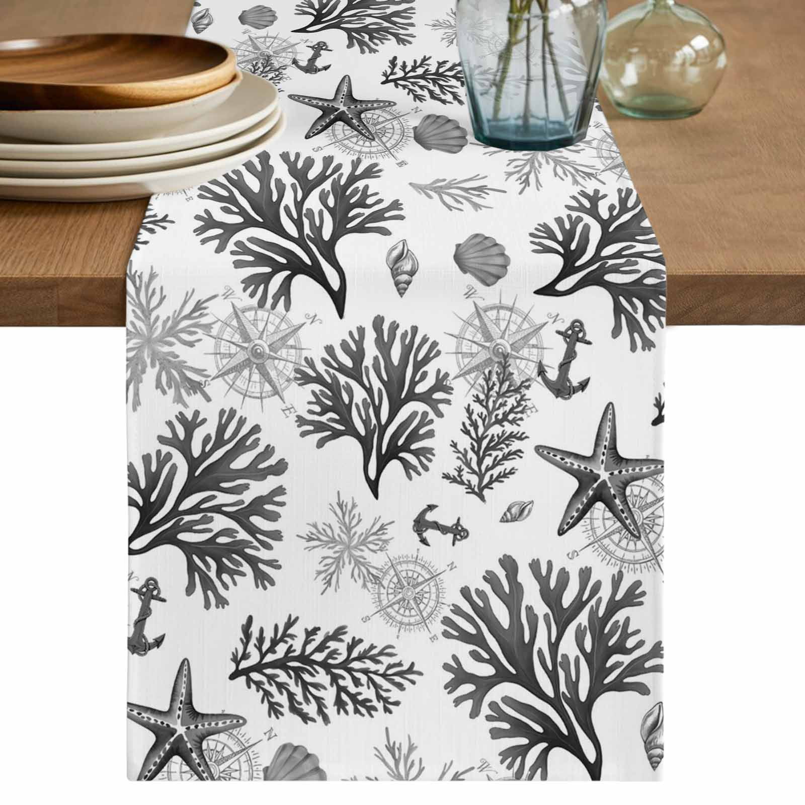 Black Coastal Cotton Linen Table Runner for Dining Kitchen, Coral ...