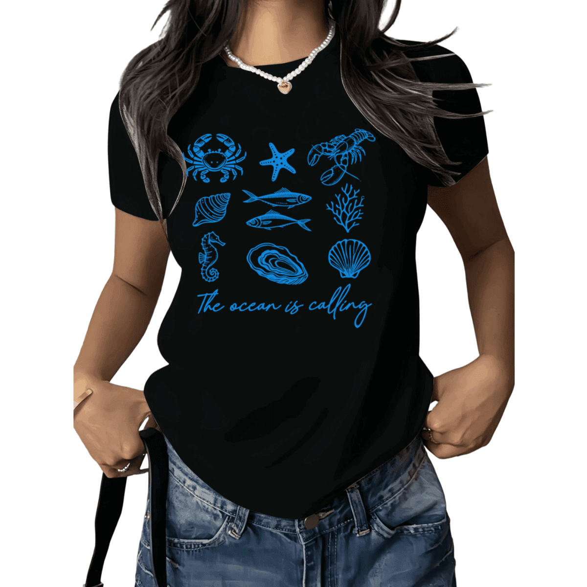 Black Coastal Ocean Sea Creatures Fish Shell Print Graphic Tees Beach ...