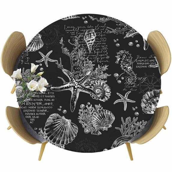 Black Coastal Round Fitted Tablecloth with Elastic Edge, Starfish Shell ...