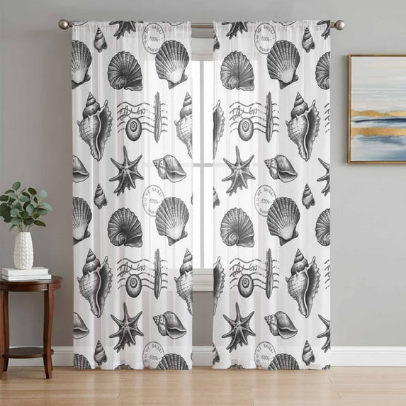 Black Coastal Sheer Curtains 72 Inch Length 2 Panels Set, Shell Conch ...