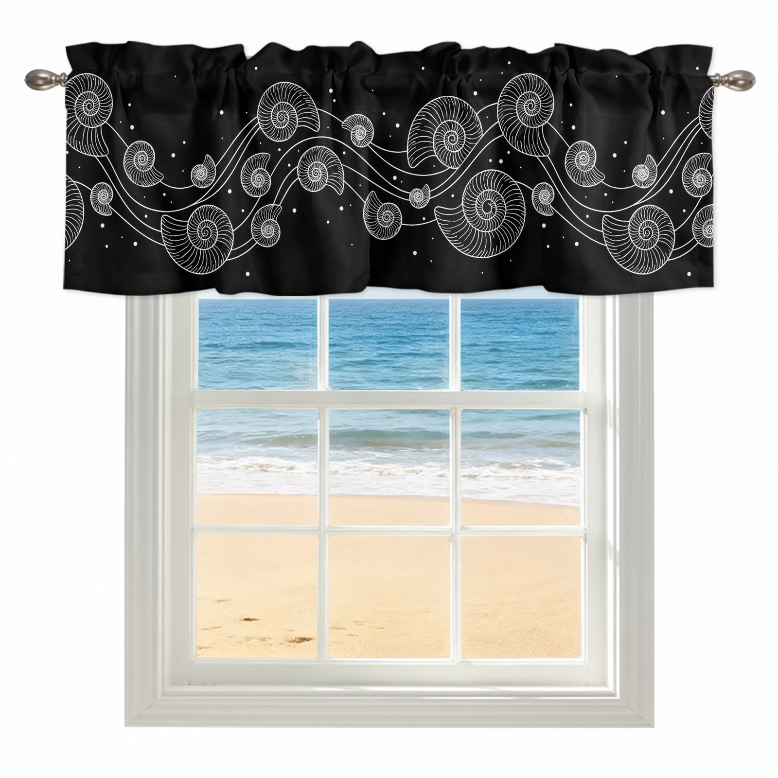 Black Coastal Shell Conch Valances for Windows, Rod Pocket Kitchen ...