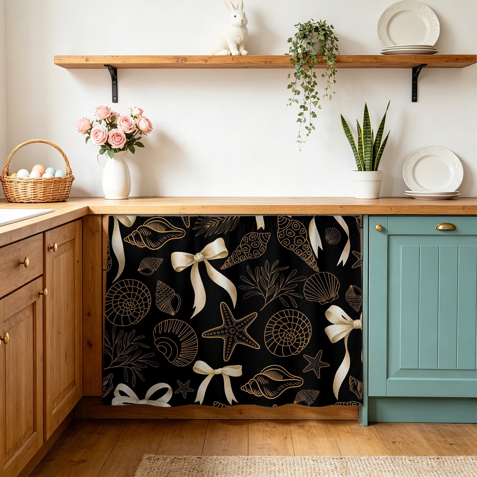 Black Coastal Starfish Cabinet Curtains 11"W x 13"L, Seashells Coral ...