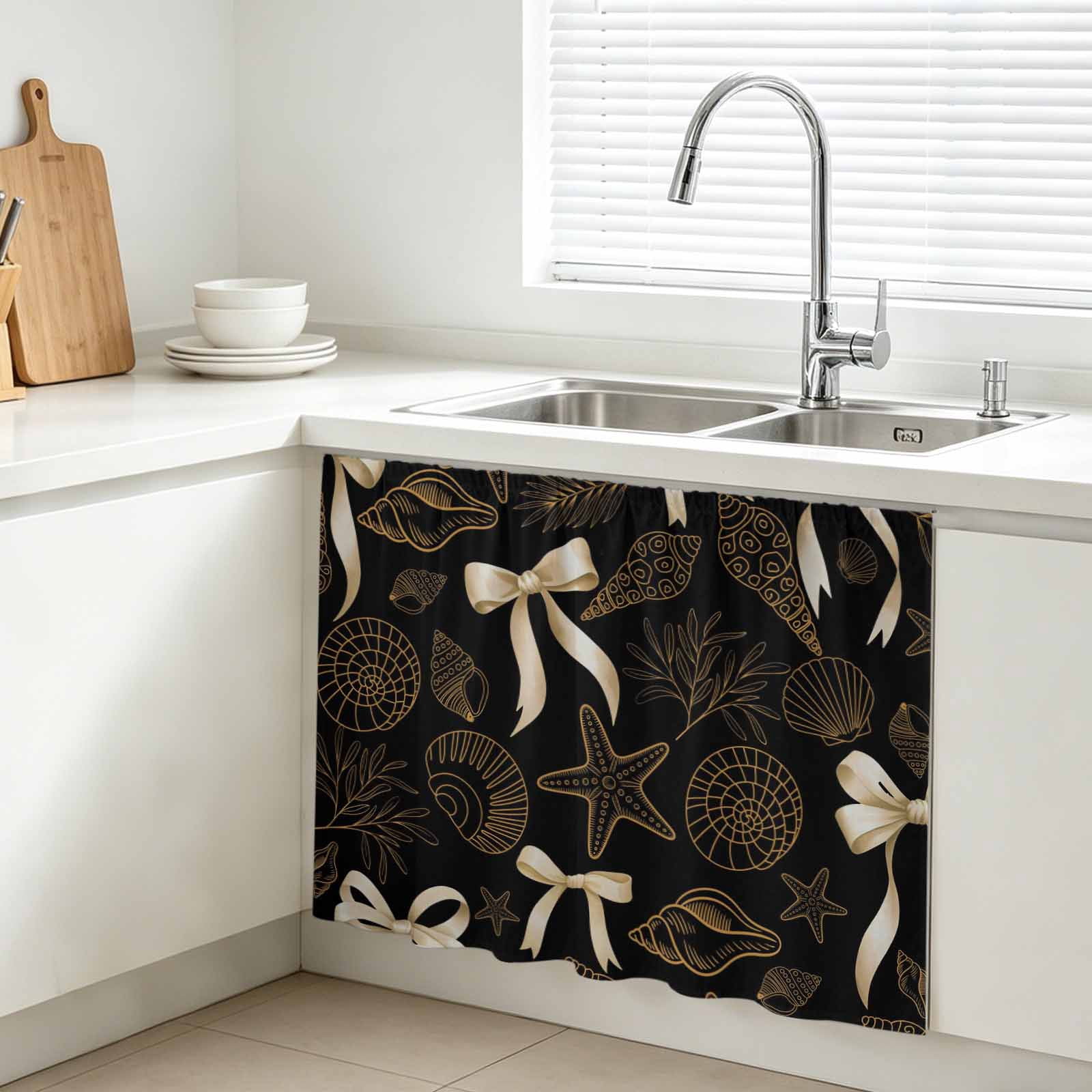 Black Coastal Starfish Cabinet Curtains for Kitchen 11"W x 13"L ...
