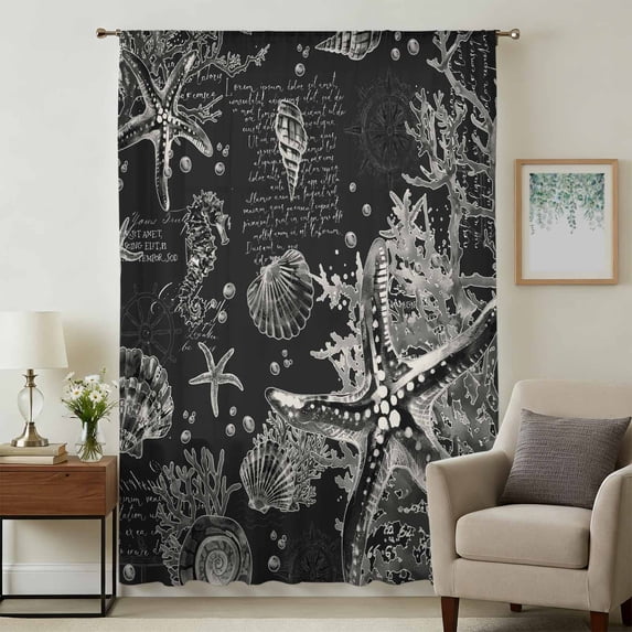 Black Coastal Starfish Sheer Curtains 72 Inches Long, Vintage Coral ...