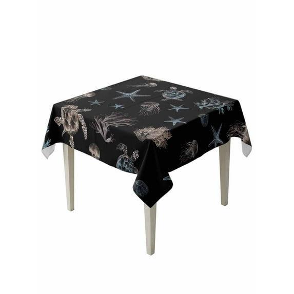 Black Coastal Table Cloth, Nautical Summer Beach Sea Turtle Starfish ...