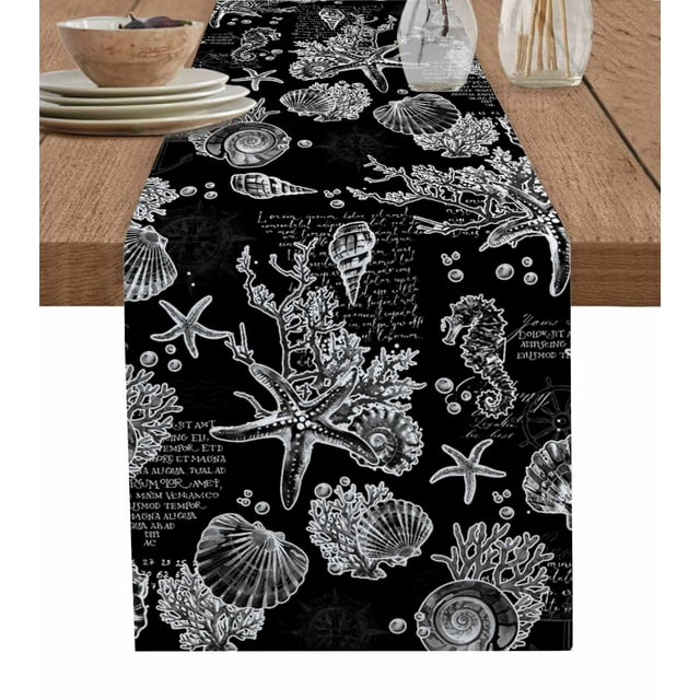 Black Coastal Table Runner 70 Inches, Nautical Ocean Starfish Seashells ...
