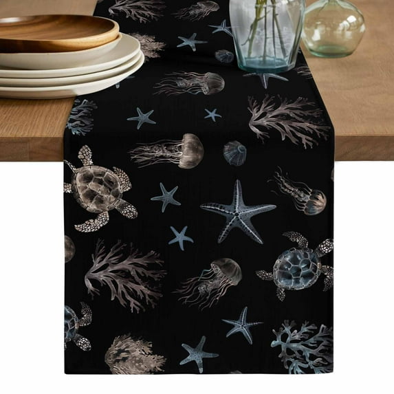 Black Coastal Table Runner, Nautical Summer Beach Sea Turtle Starfish ...