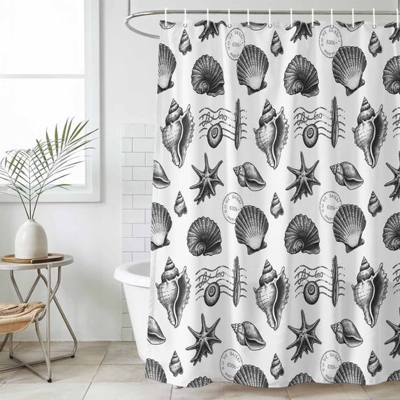 Black Coastal Waterproof Fabric Shower Curtain, Shell Conch Ocean ...