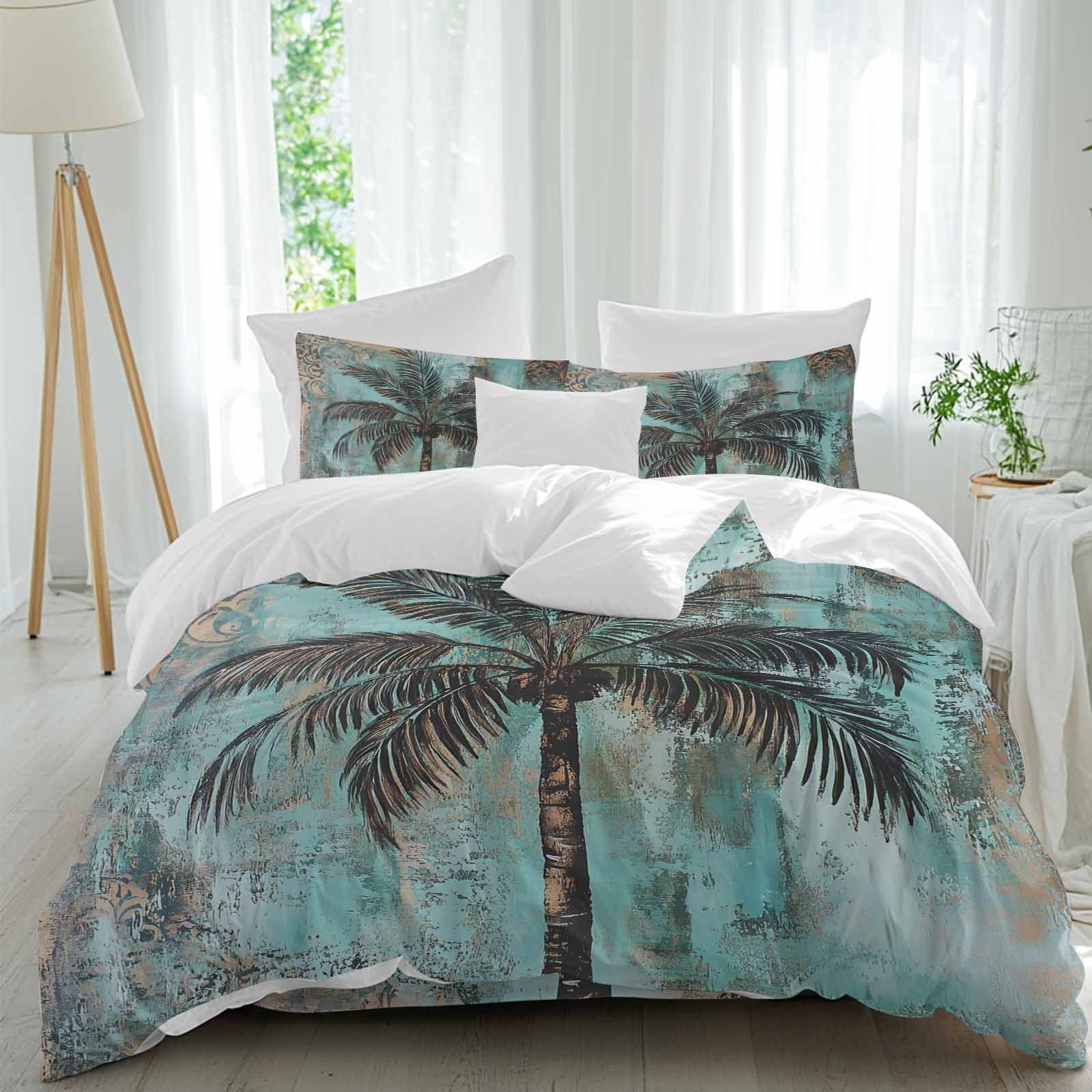 Black Coconut Tree Duvet Cover Set Queen Size, Retro Beach 4 Piece Soft ...