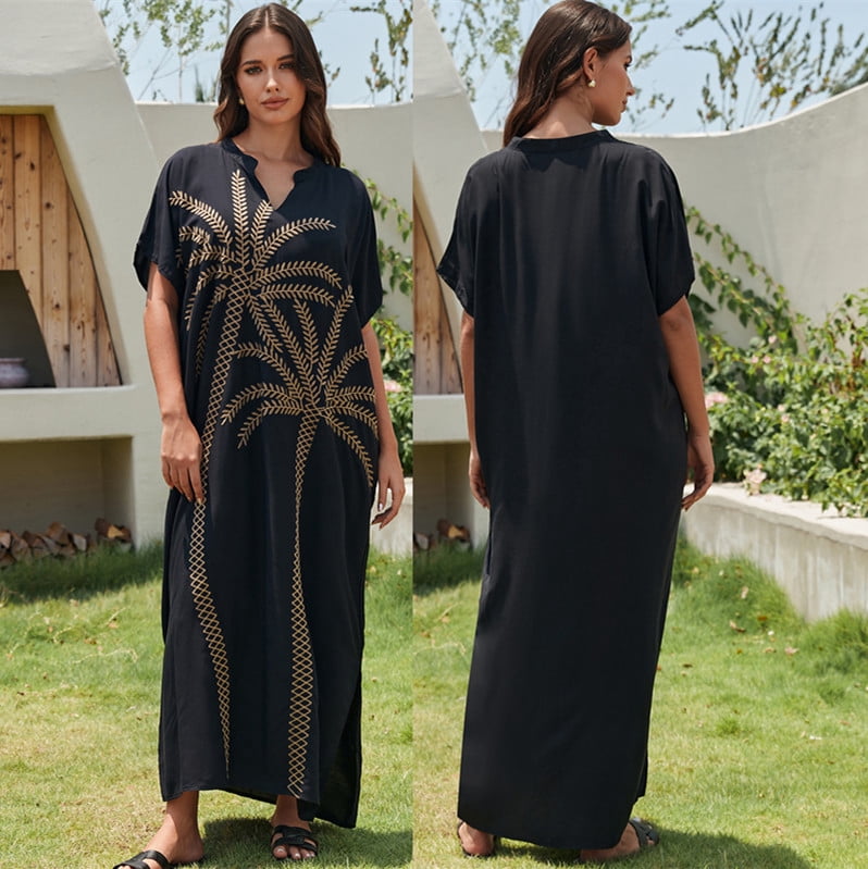 Black Coconut Tree Print Embroidered Long Beach Dress Bikini Cover-ups ...