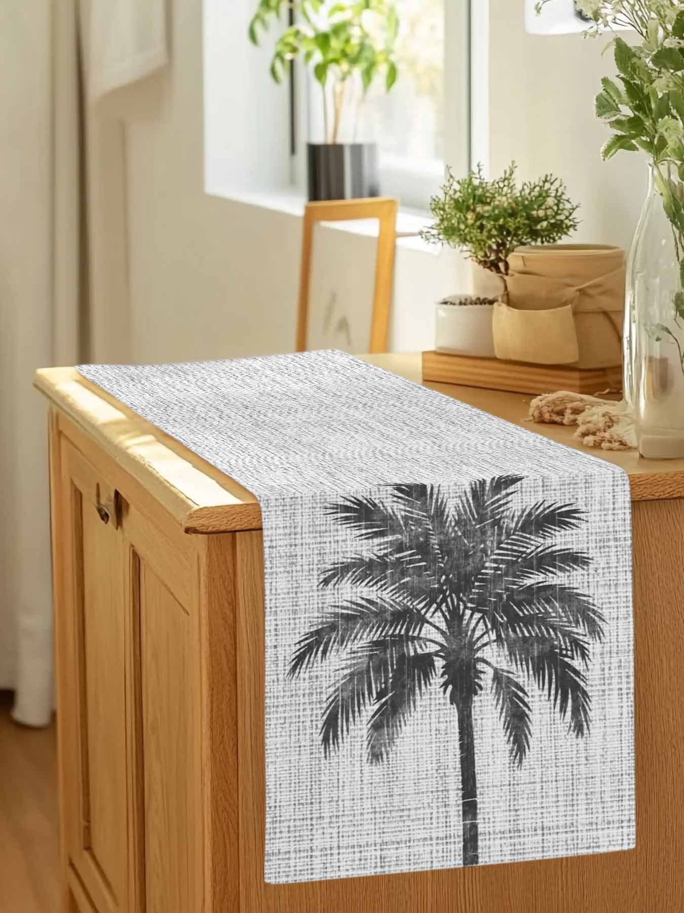 Black Coconut Tree Sketch Table Runner 13x70in Non-Slip Cotton Linen ...