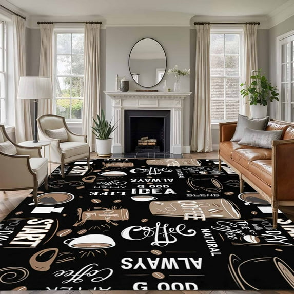 Black Coffee Area Rugs 5x8 for Living Room, Modern Rustic Coffee Cup ...