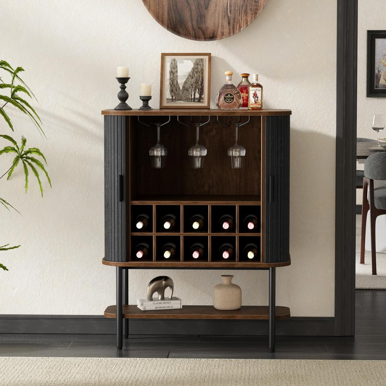 Black Coffee Bar Cabinet with Storage, Fluted Wine Liquor Cabinet with ...