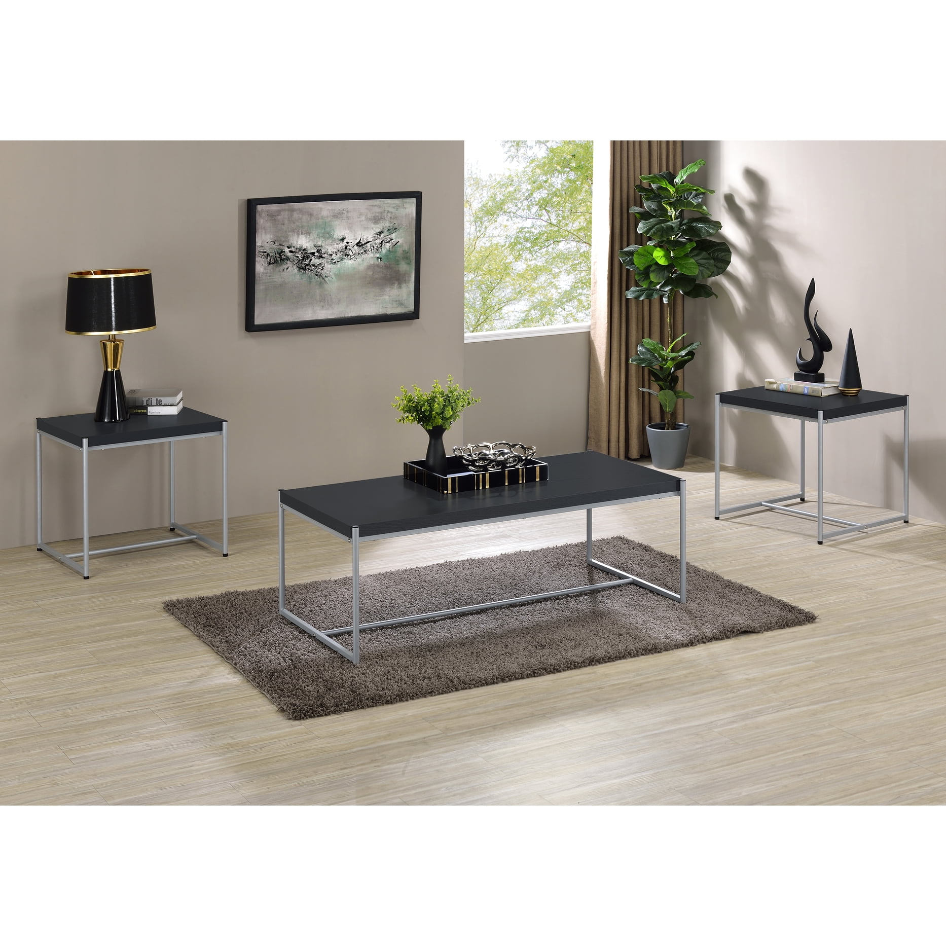Black Coffee And End Table - 3 Piece With Tops Steel Tubular Legs ...