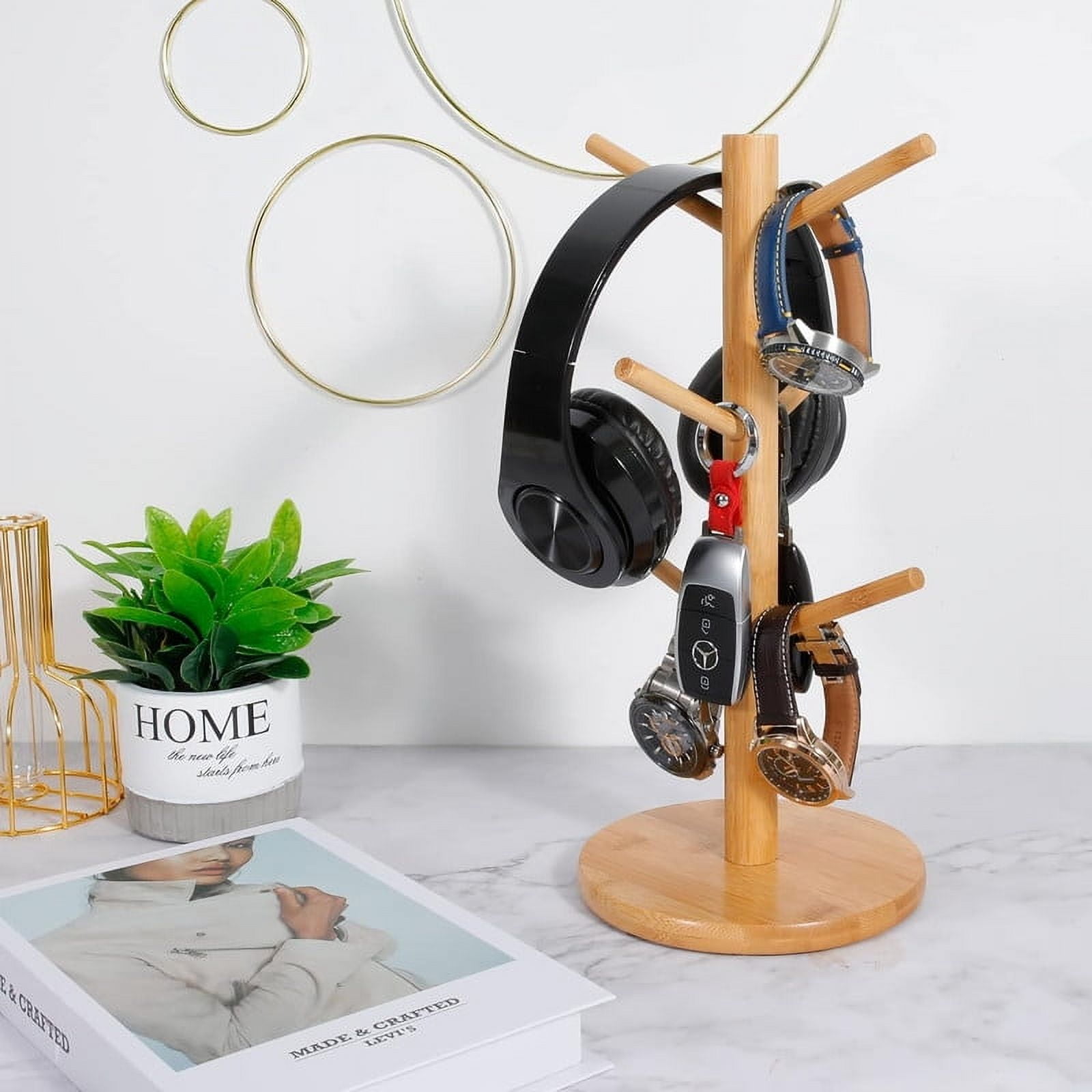 Black Coffee Mug Tree, Thick Bamboo Mug Holder Base with 6 Hooks for ...