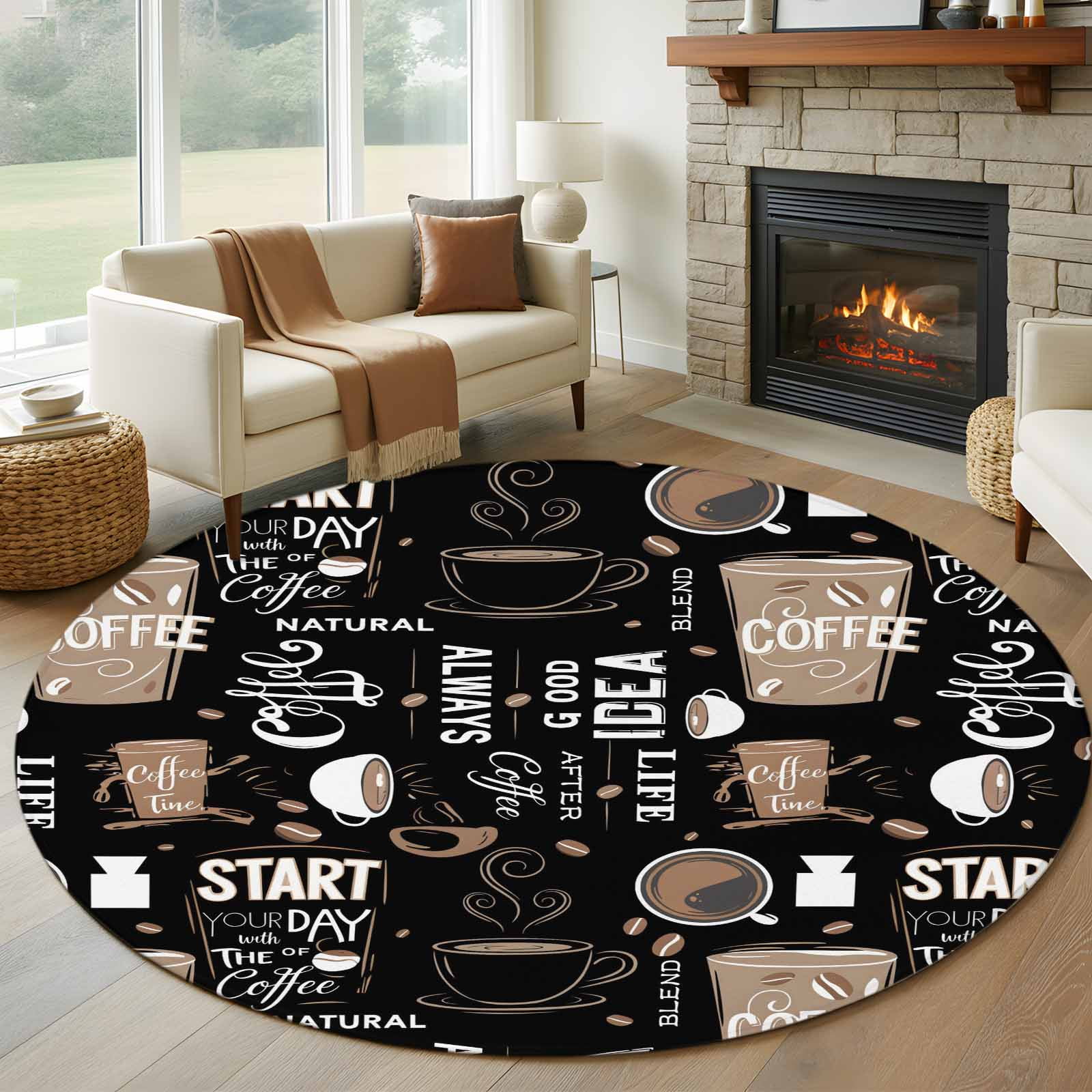 Black Coffee Round Rugs 5ft, Modern Rustic Coffee Cup Beans Non Slip ...