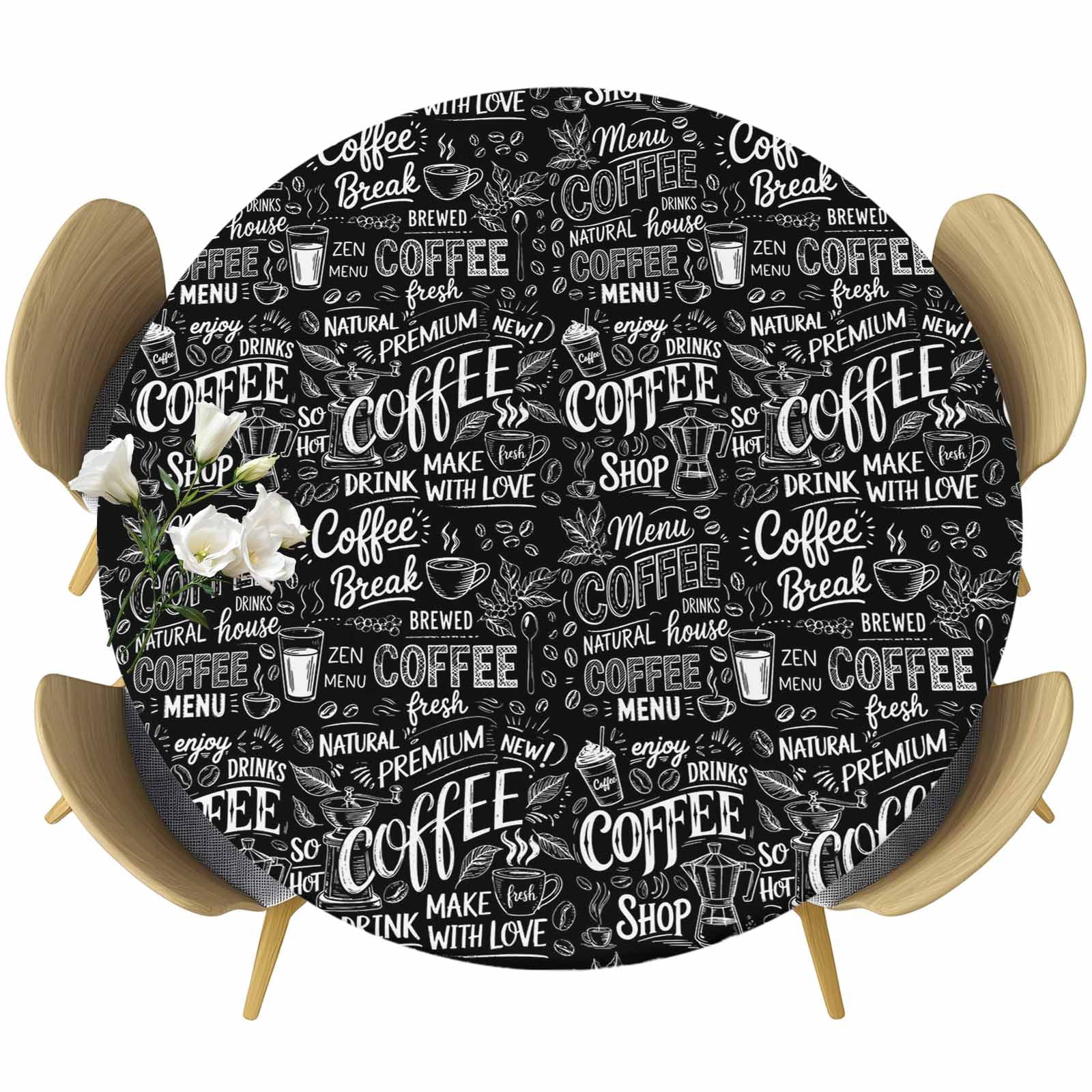 Black Coffee Round Tablecloth, Fitted Table Cover with Elastic for 45 ...