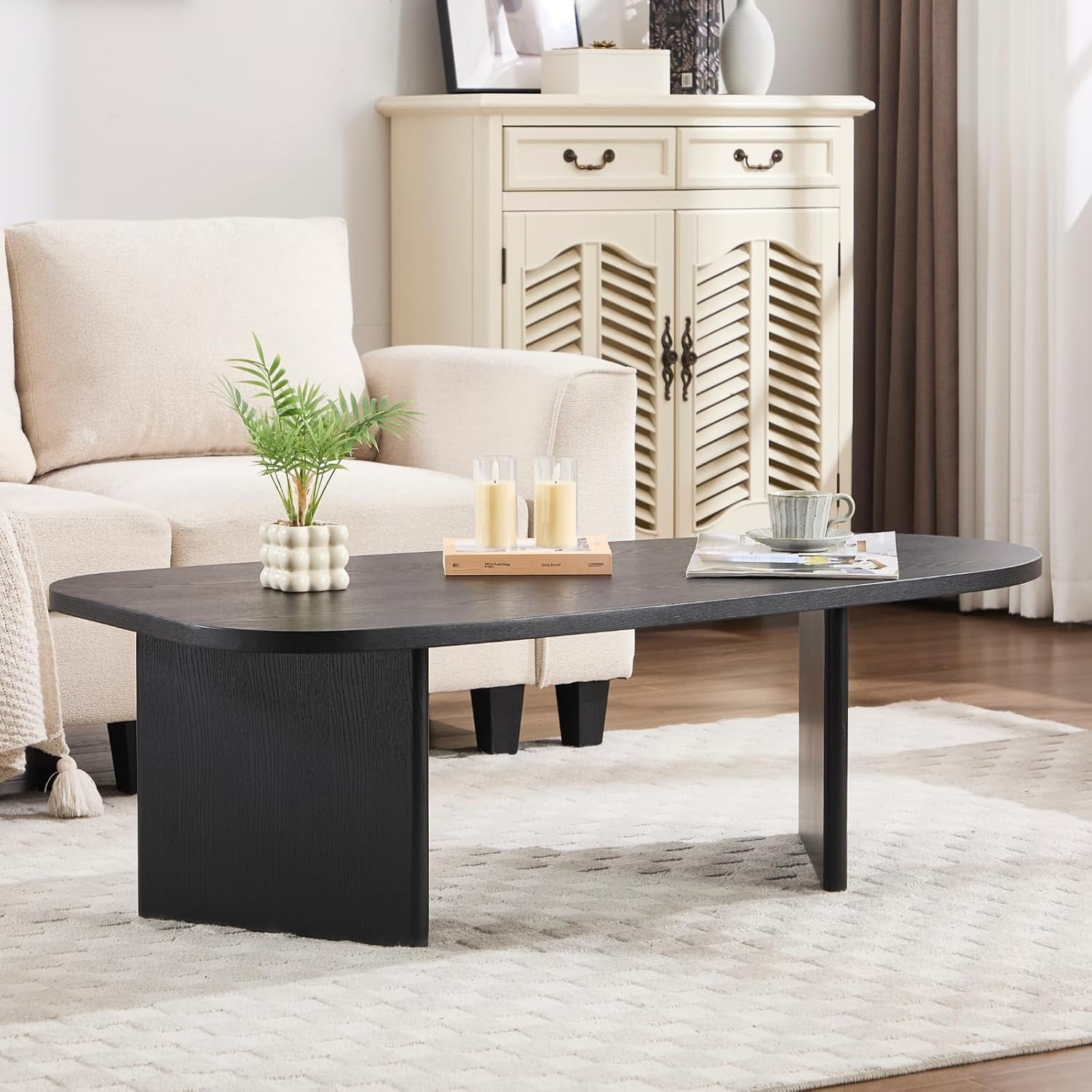 Black Coffee Table, 51” Side Table with Irregular Surfboard Shape Top ...