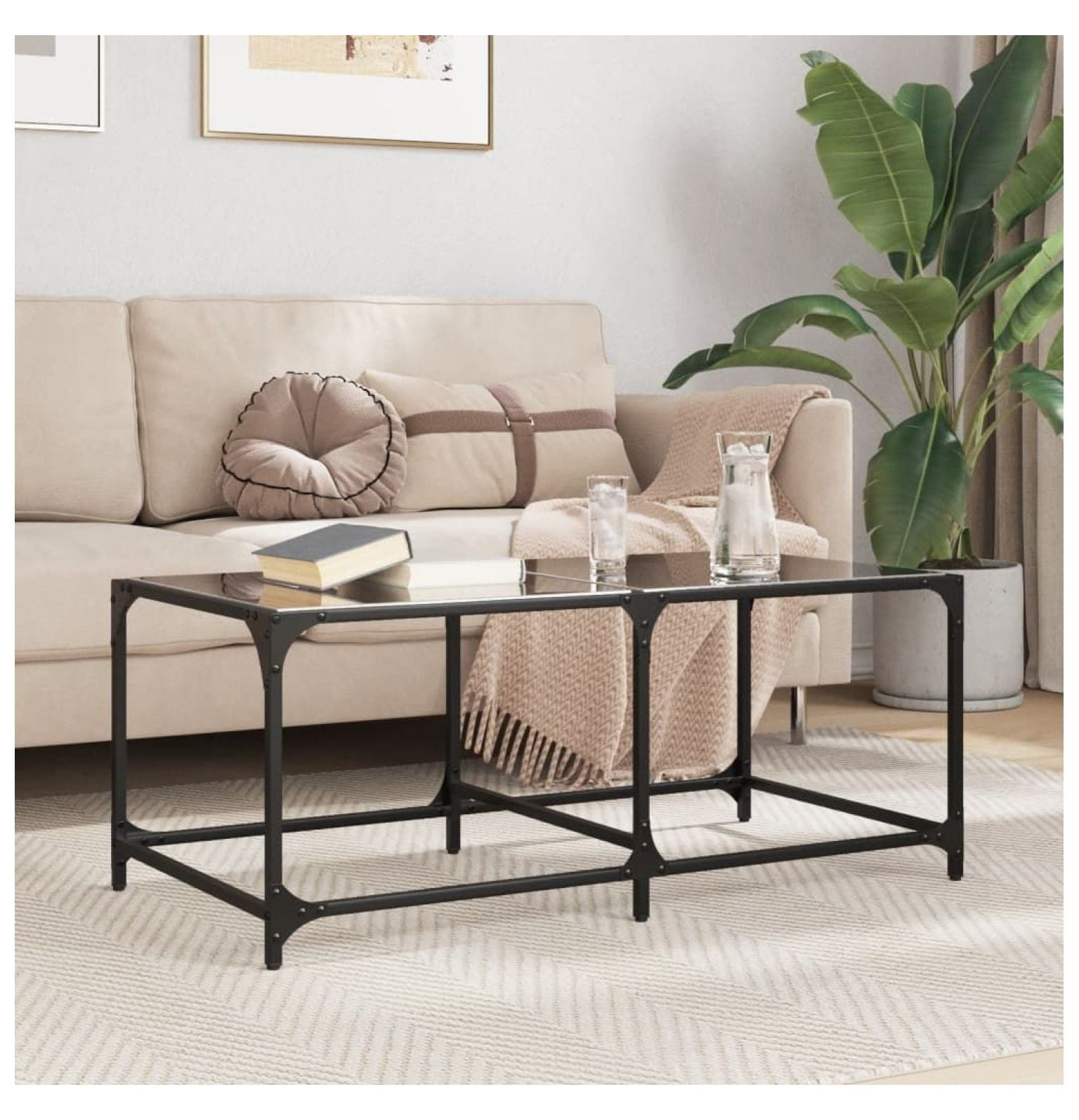 Black Coffee Table, Engineered Wood & Glass Top, Small Rectangular ...