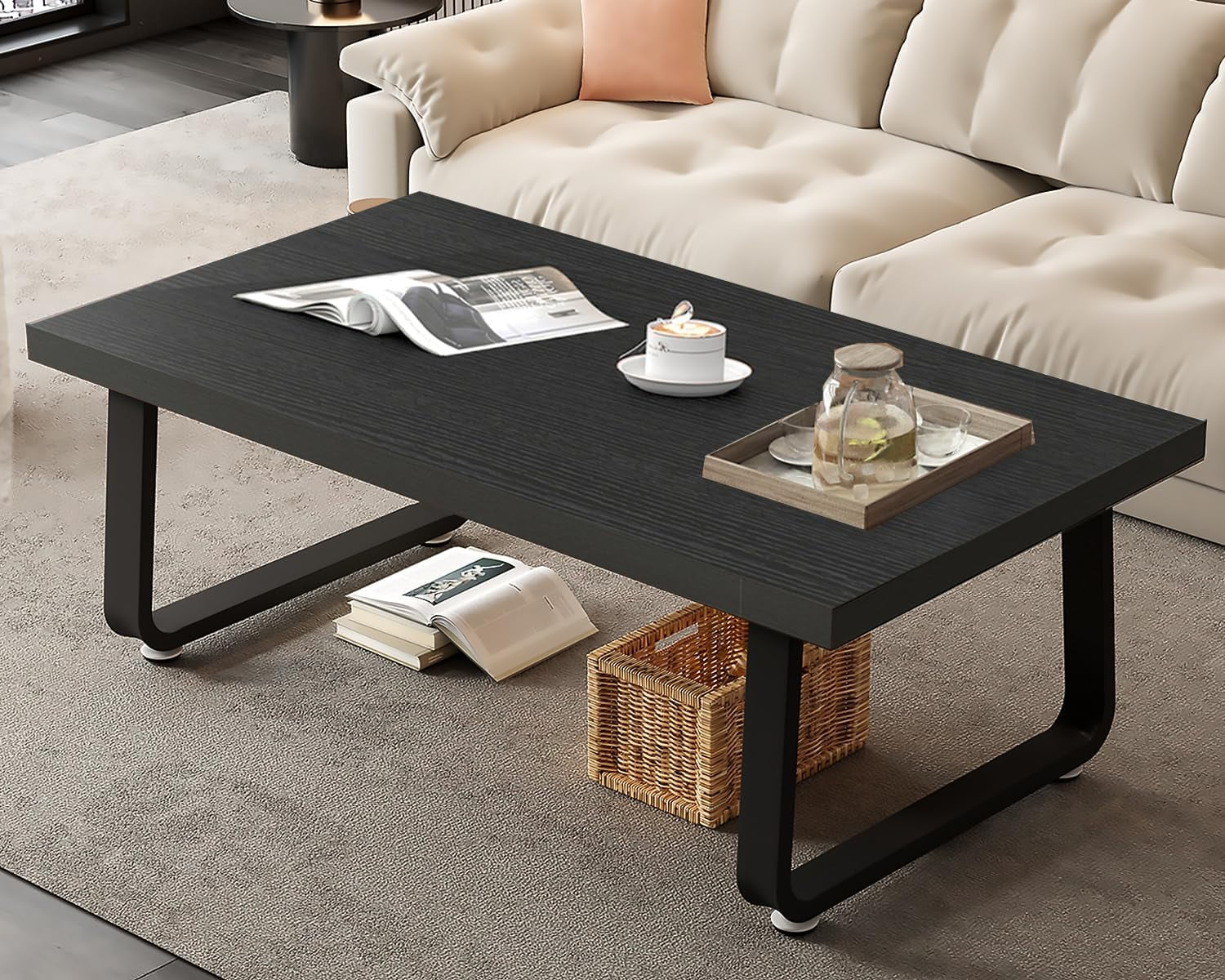 Black Coffee Table, Industrial Wood and Metal Legs Center Table, Modern Minimalist Rectangle ...
