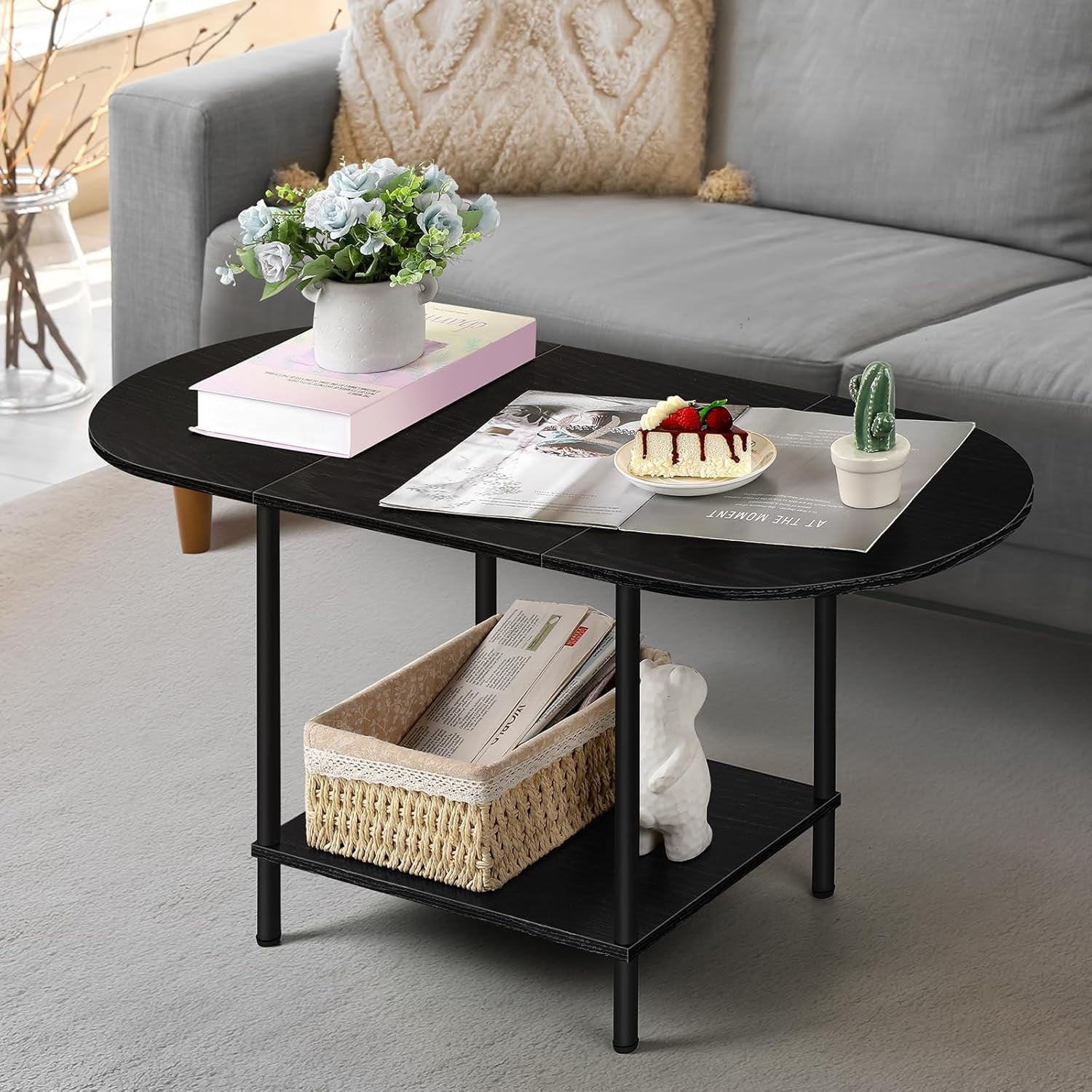 Black Coffee Table for Living Room, 2-Tier Small Oval Center Table, Mid ...