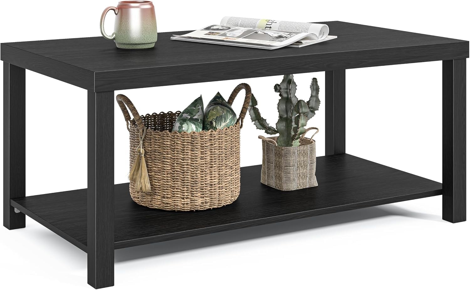 Black Coffee Table for Living Room, 39.4''W Wood Coffee Table with ...