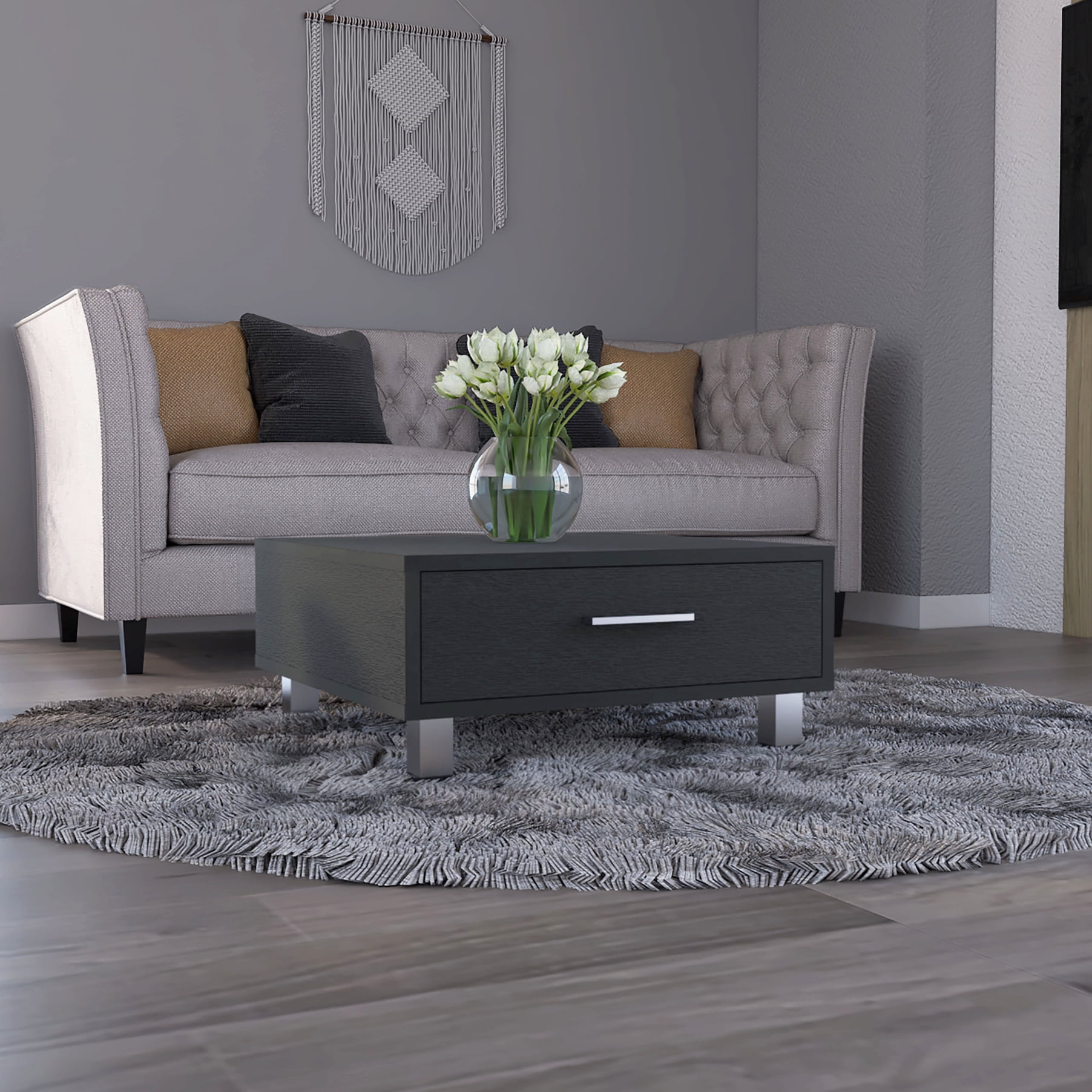 Black Coffee Table Of Distinction, One Drawer Presentation, Four Feet ...