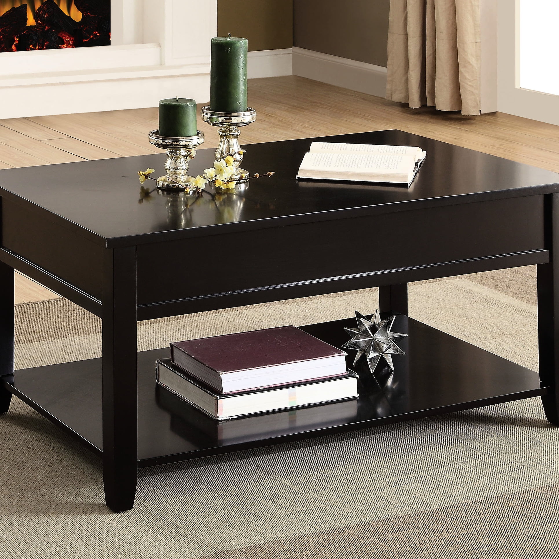 Black Coffee Table With Lift-top And Shelves For Storage Display In ...