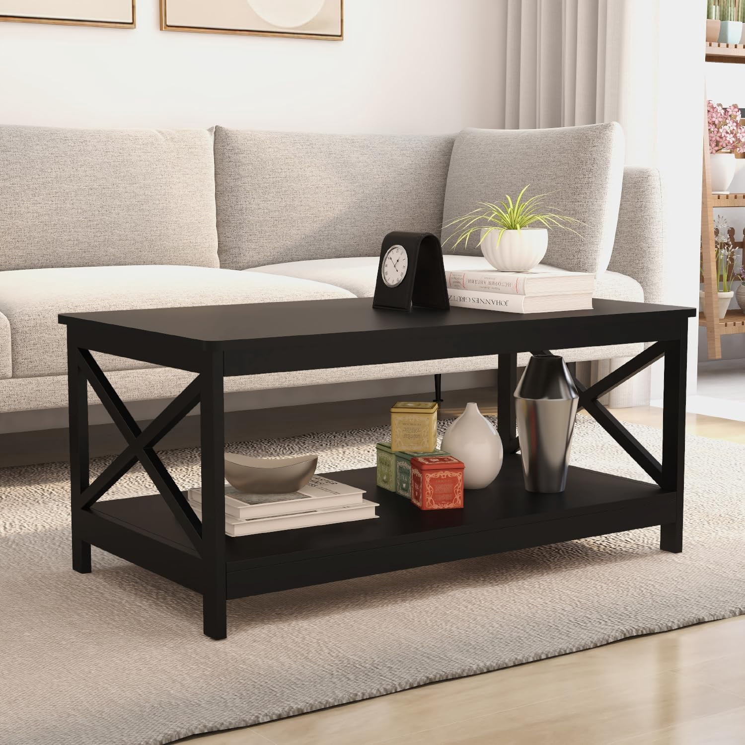 Black Coffee Table for Living Room with Storage Simple Center Table ...