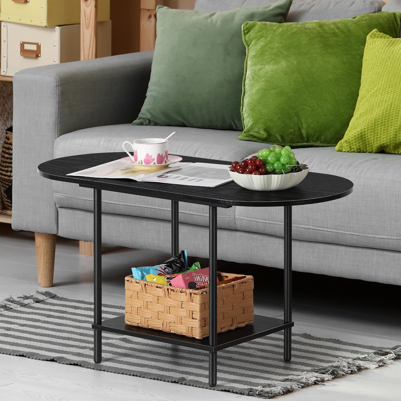 Black Coffee Tables for Living Room 2-Tier Small Oval Coffee Table Wood ...