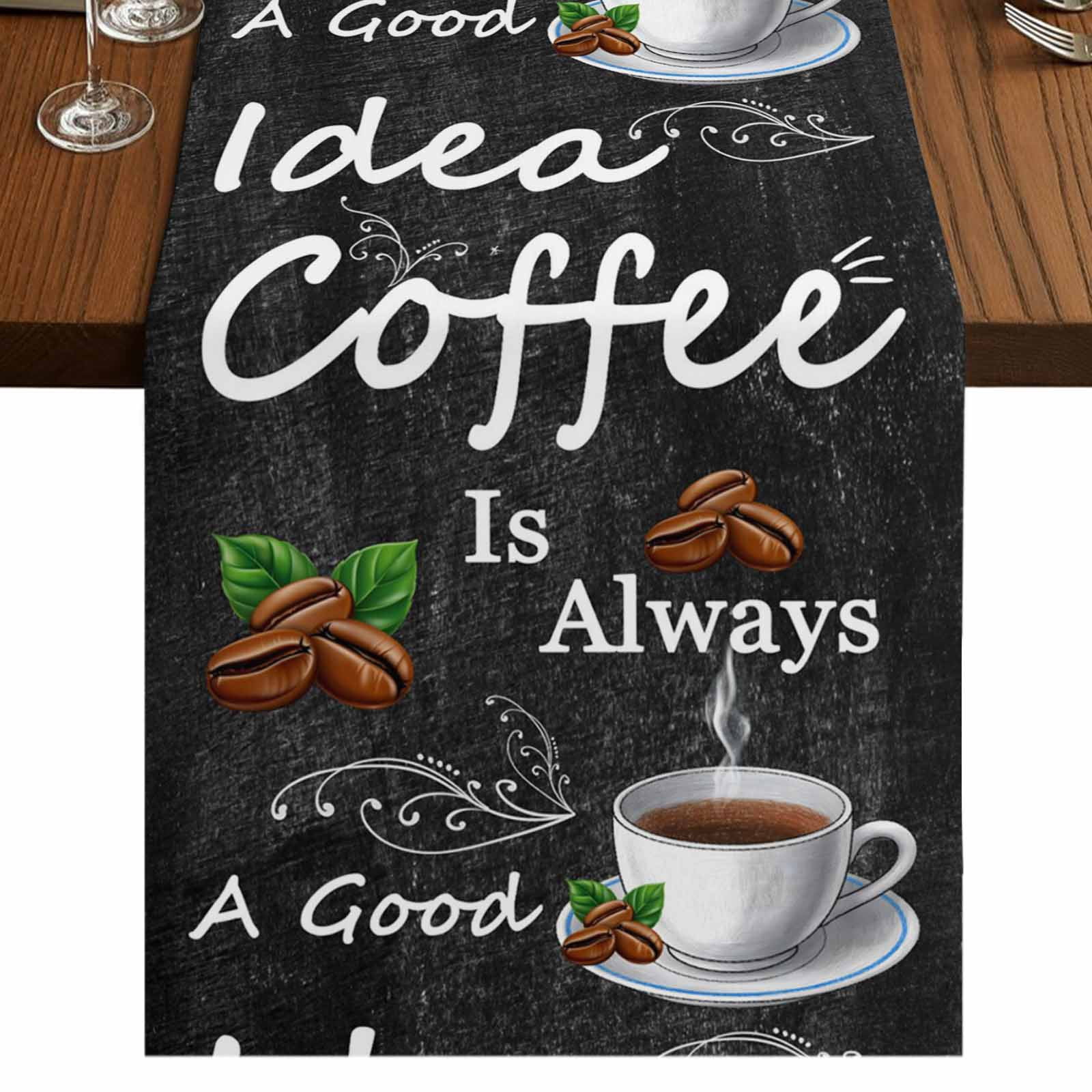 Black Coffee Vintage 120 Inch Table Runner, Farmhouse Coffee Cup Bean ...