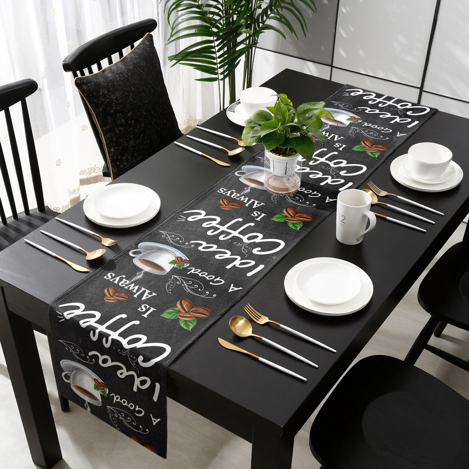 Black Coffee Vintage Table Runner 72 Inches Long - Farmhouse Coffee Cup ...