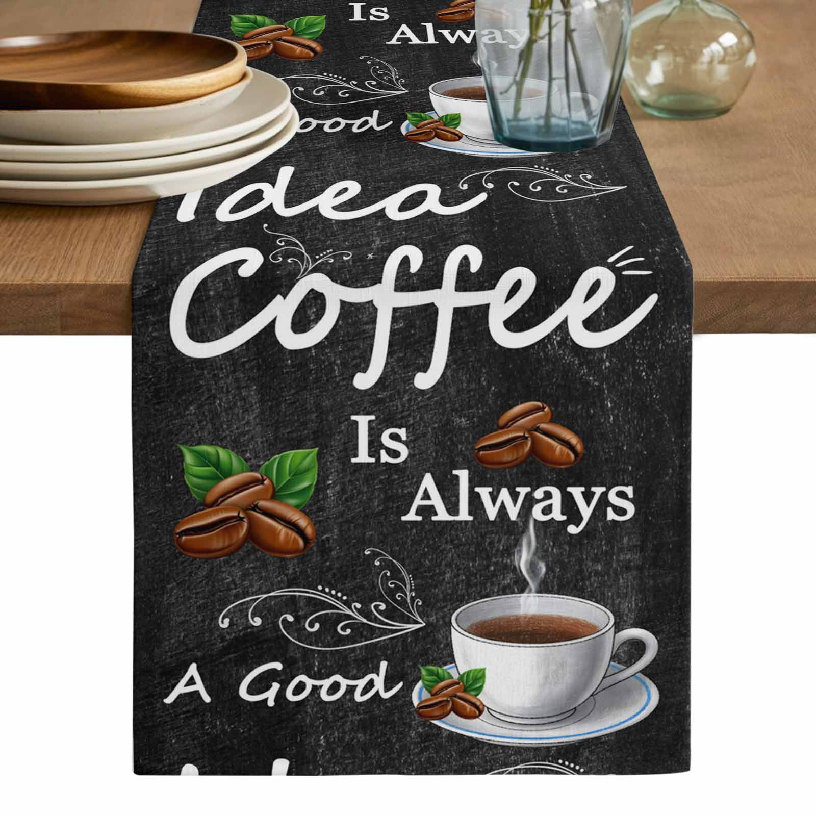 Black Coffee Vintage Table Runner, Farmhouse Coffee Cup Bean Washable ...