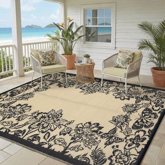 Black Coffee Waterproof Floral Area Rug Plastic Bordered Reversible ...