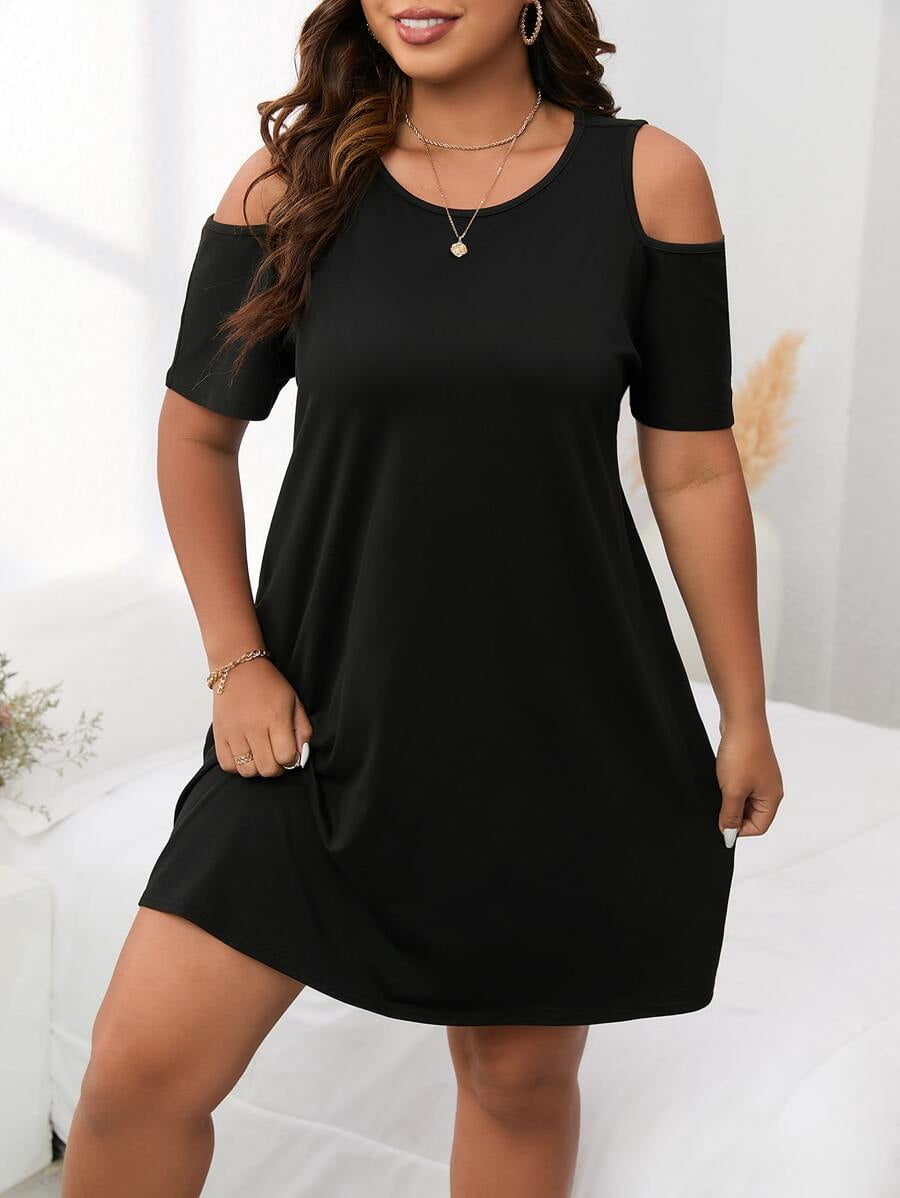 Black Cold Shoulder Short Sleeve A-Line Plus Size Casual Dress For ...
