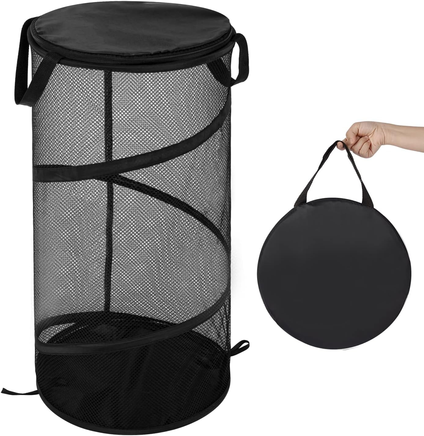 Black Collapsible Laundry Hamper with Lid - Foldable Mesh Pop-Up Basket ...