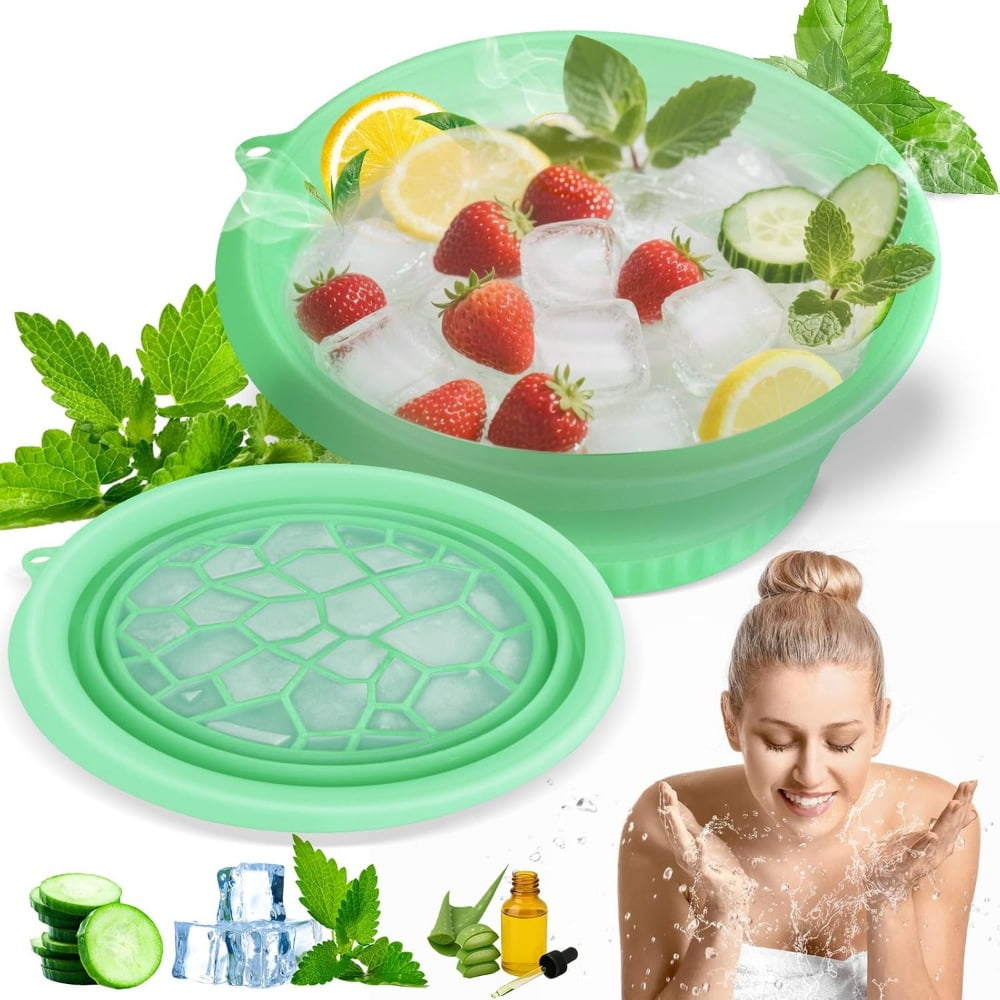 Black Collapsible Silicone Face Ice Bath Bowl Set - Built-In Ice Tray ...