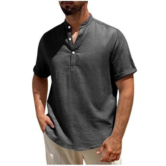 Black Collared Neck Faux Linen Tops for Man Fall Summer Short Sleeve ...