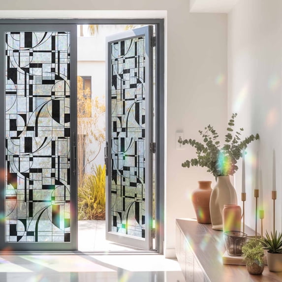 Black Color Block Abstract Geometric Window Privacy Film, Rainbow Film ...