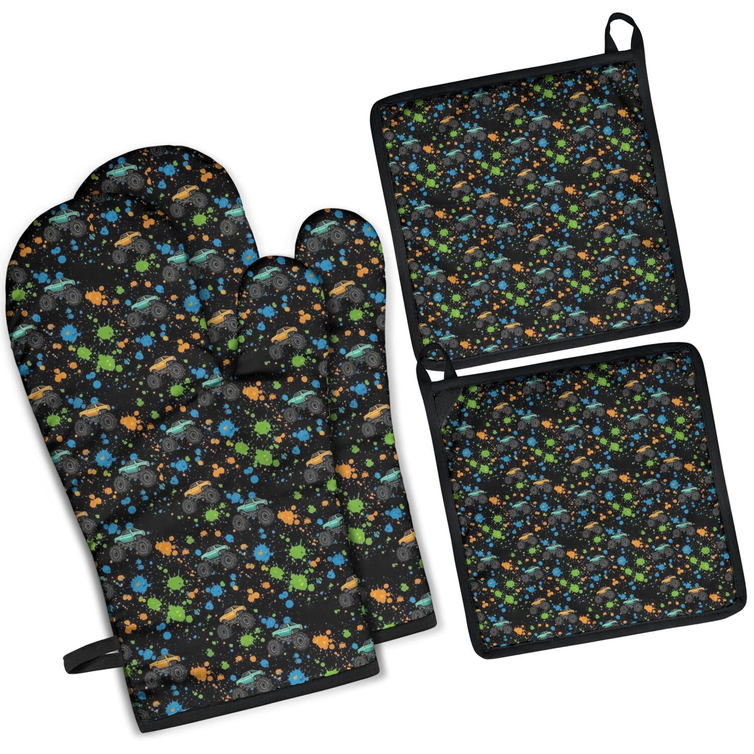 Black Color Splash Monster Cartoon Trucks Pattern Kitchen Oven Mitt and ...