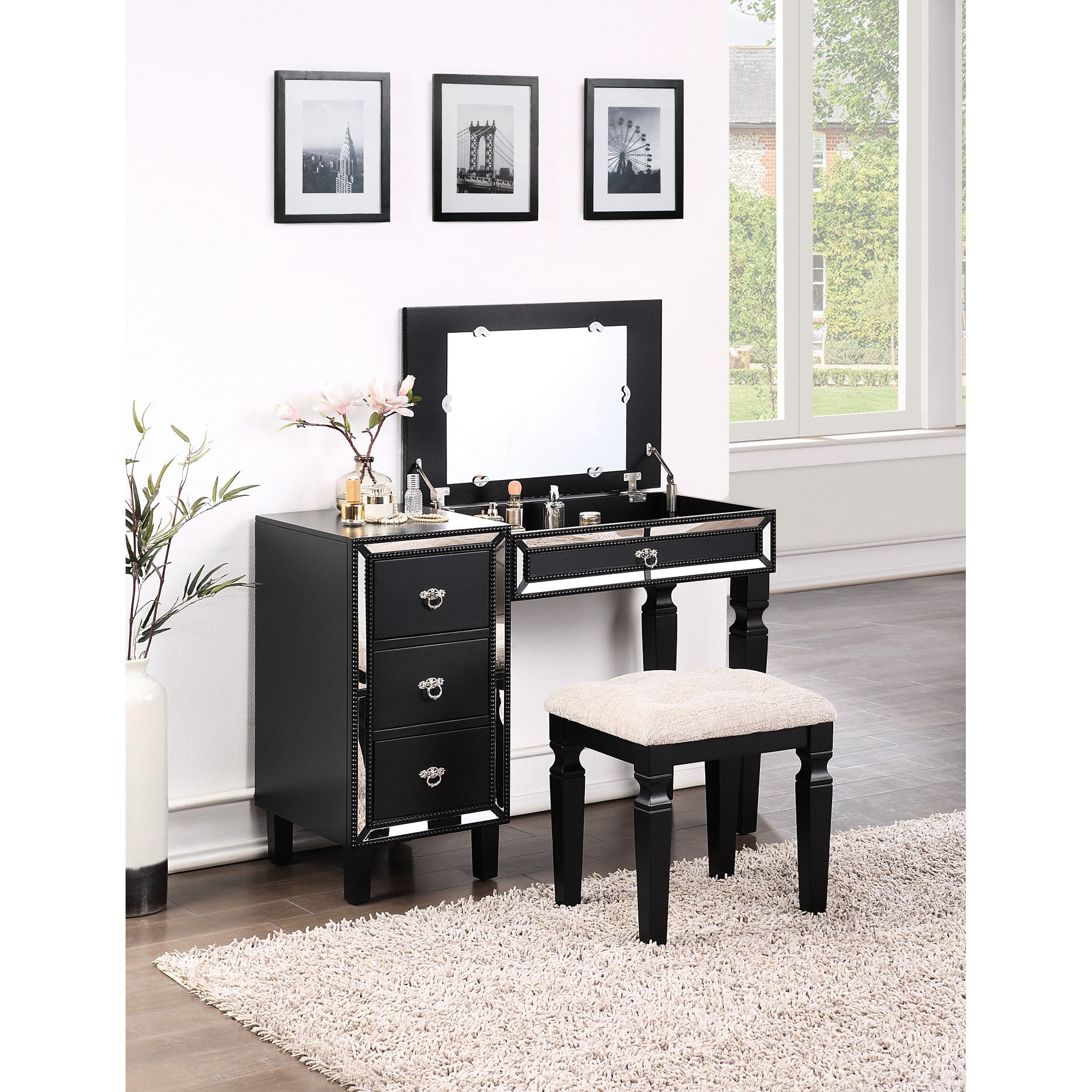 Black Color Traditional Vanity Set w/ Stool | Offers Space for Makeup ...