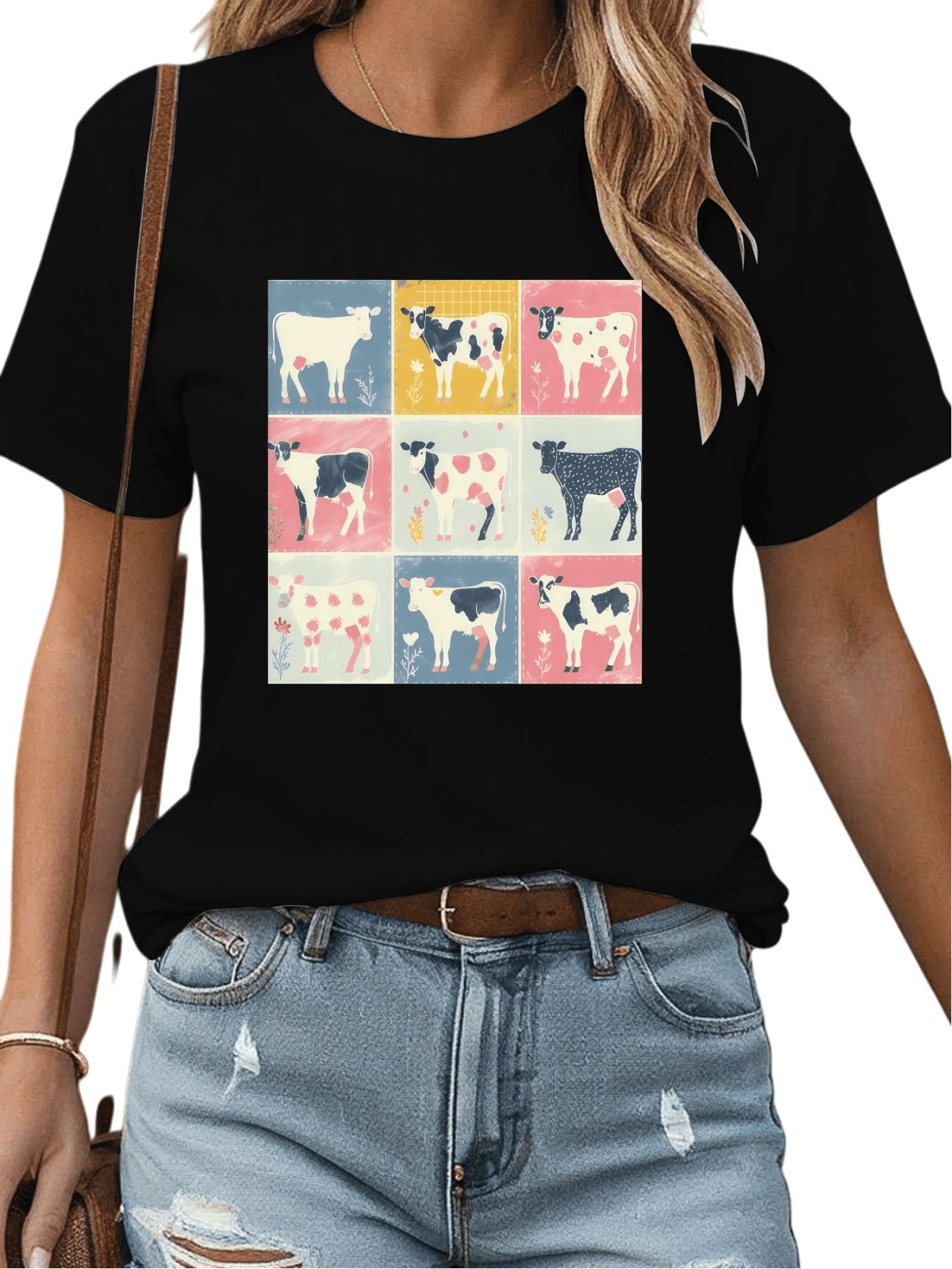 Black Colorful Cow Grid Print Tshirt Graphic Tees Shirts Farm Animal ...