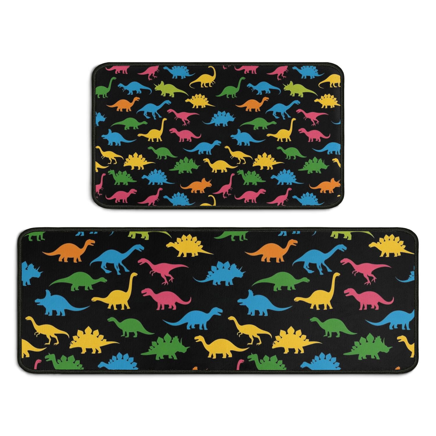 Black Colorful Dinosaurs Silhouette Pattern Kitchen Rugs Sets Of 2,Anti ...